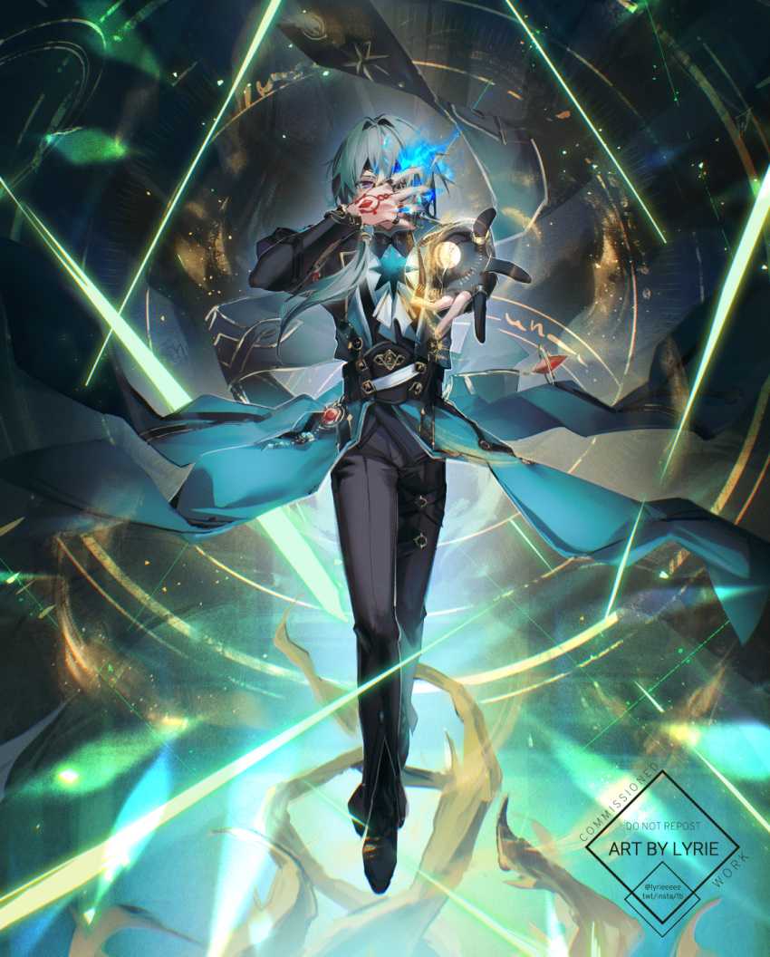 Safebooru - 1boy anaxa (honkai: star rail) aqua eyes aqua hair ascot black background black ...