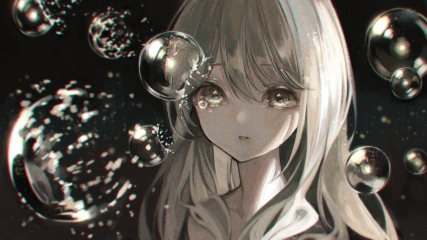 Safebooru - 1girl black background brown eyes brown hair bubble commentary request hair between ...