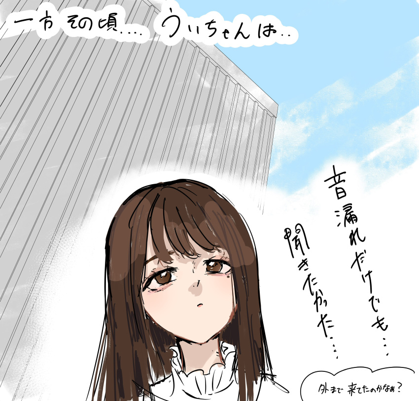 Safebooru - 1girl absurdres animification blue sky brown eyes brown hair closed mouth commentary ...