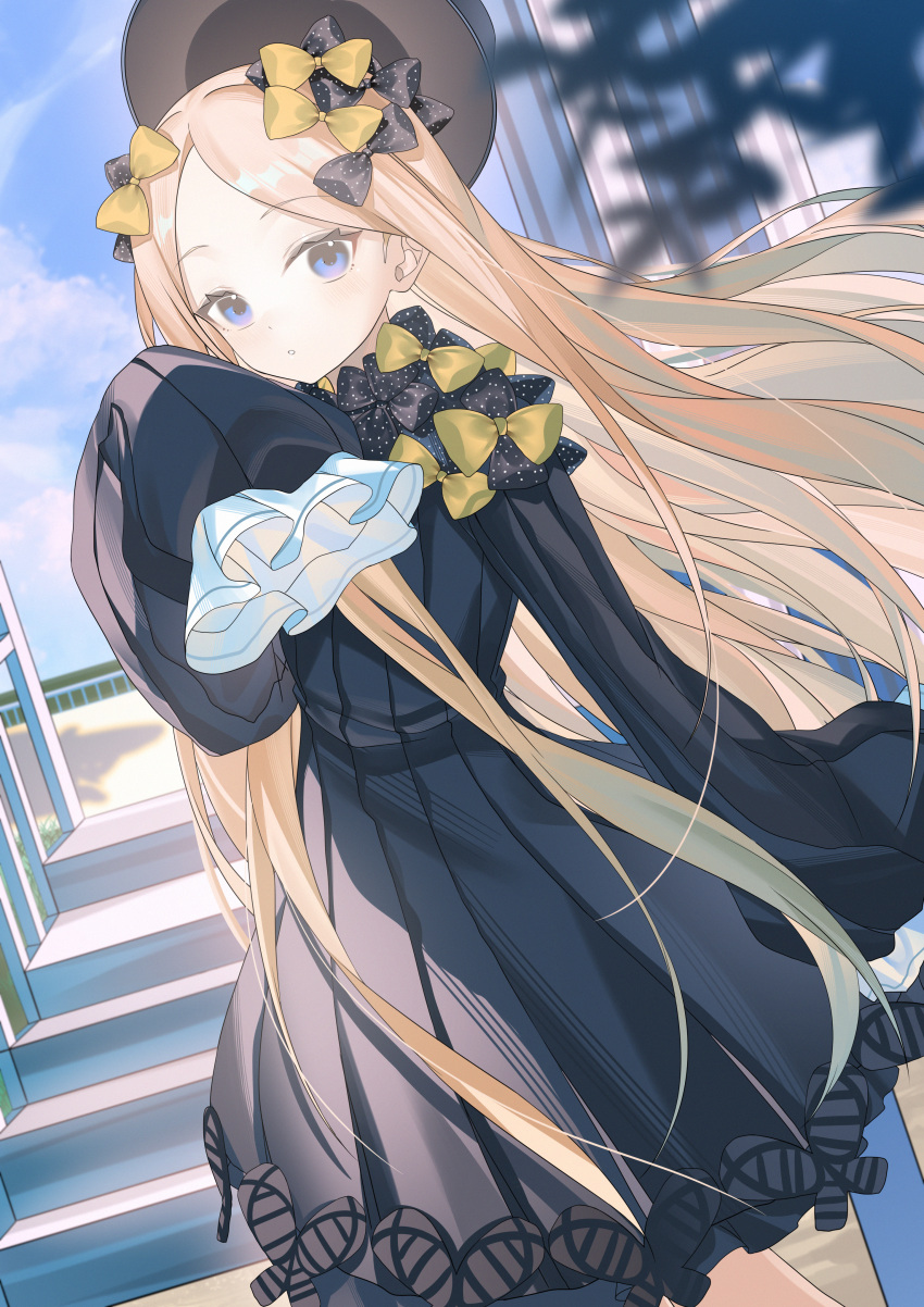Safebooru - 1girl abigail williams (fate) absurdres black dress blonde hair blue eyes blue sky ...