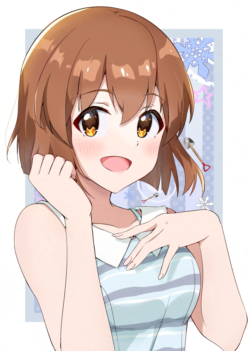 Safebooru - 1girl blush border breasts brown eyes brown hair hagiwara yukiho hair between eyes ...