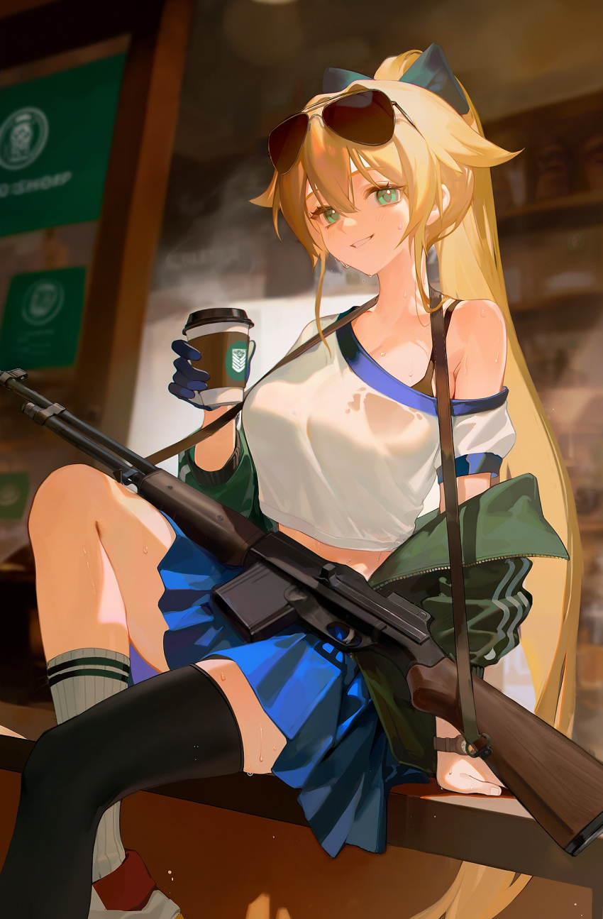 Safebooru - 1girl black thighhighs blonde hair cup eyewear on head girls frontline gloves green ...
