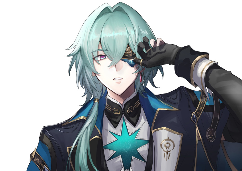 Safebooru - 1boy anaxa (honkai: star rail) aqua hair black gloves black jacket blue eyes cracked ...