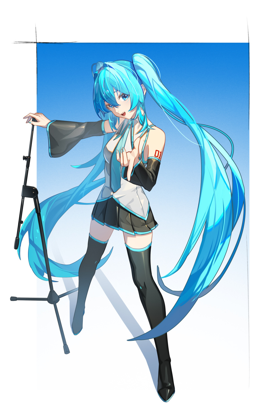 Safebooru - 1girl absurdres aqua eyes aqua hair aqua necktie bare shoulders black sleeves boots ...