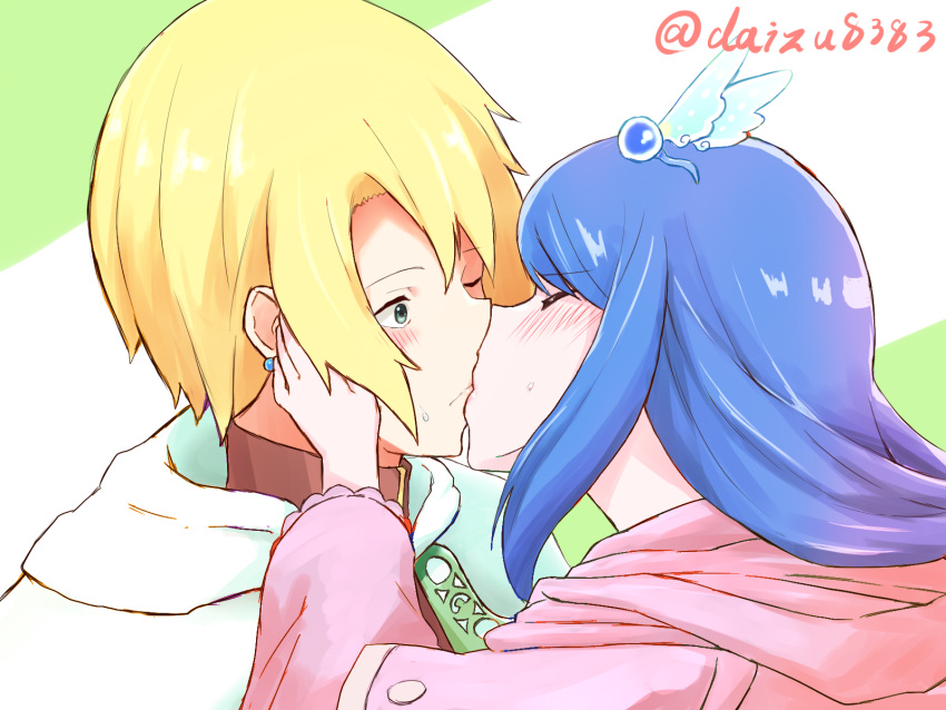 Safebooru - 1boy 1girl artist name blonde hair blue hair blush butterfly hair ornament closed ...