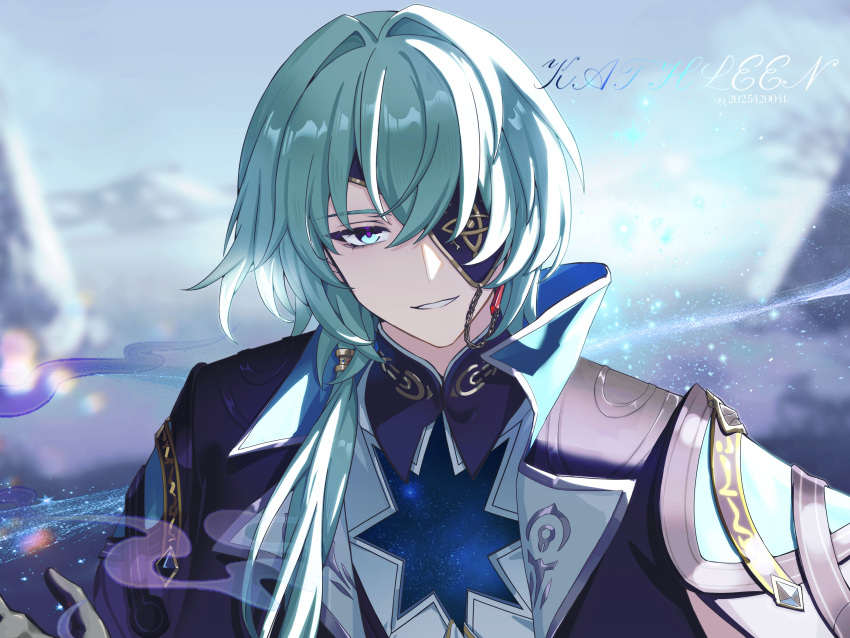 Safebooru - 1boy absurdres anaxa (honkai: star rail) aqua hair black jacket blue eyes eyepatch ...