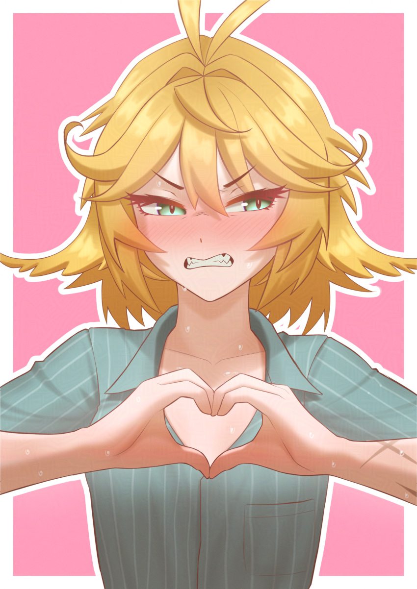 Safebooru - 1girl absurdres antenna hair aqua shirt averting eyes blonde hair blush border ...