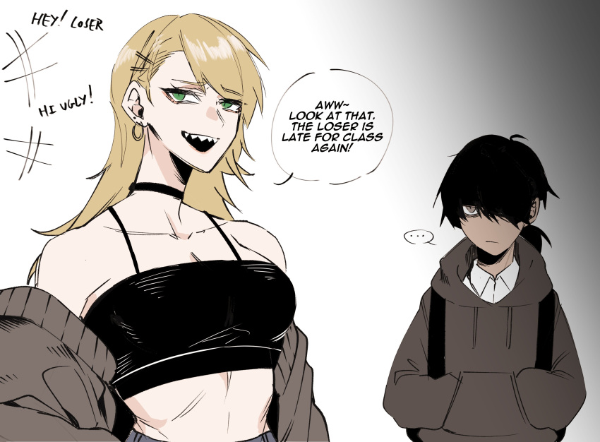 Safebooru - 2girls absurdres black hair blonde hair brown eyes choker earrings english text ...