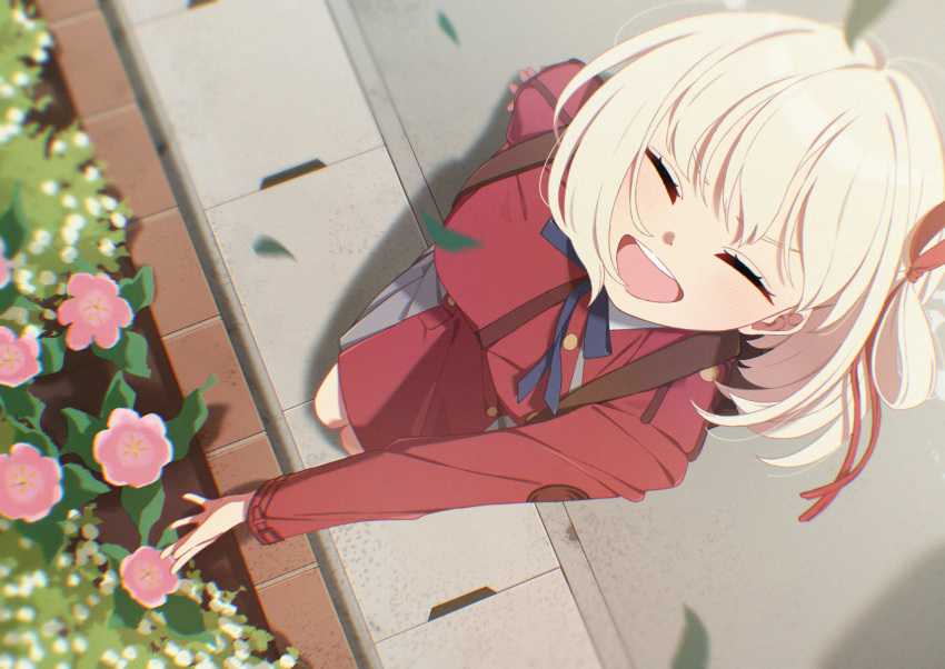 Safebooru - 1girl :d ^ ^ blonde hair breasts closed eyes day from above hair ribbon highres ...