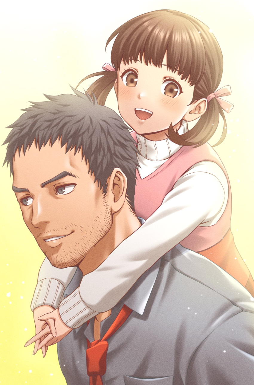 Safebooru - 1boy 1girl beard stubble black eyes black hair black shirt blunt bangs blush bow ...