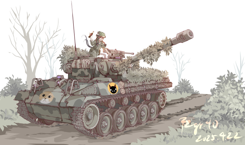 Safebooru - 1girl absurdres bare tree bottle braid cannon cat tail caterpillar tracks chinese ...