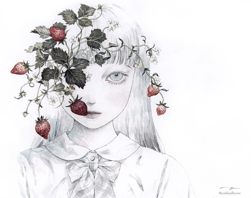 Safebooru - 1girl collared shirt colored skin commentary request food fruit grey eyes grey hair ...