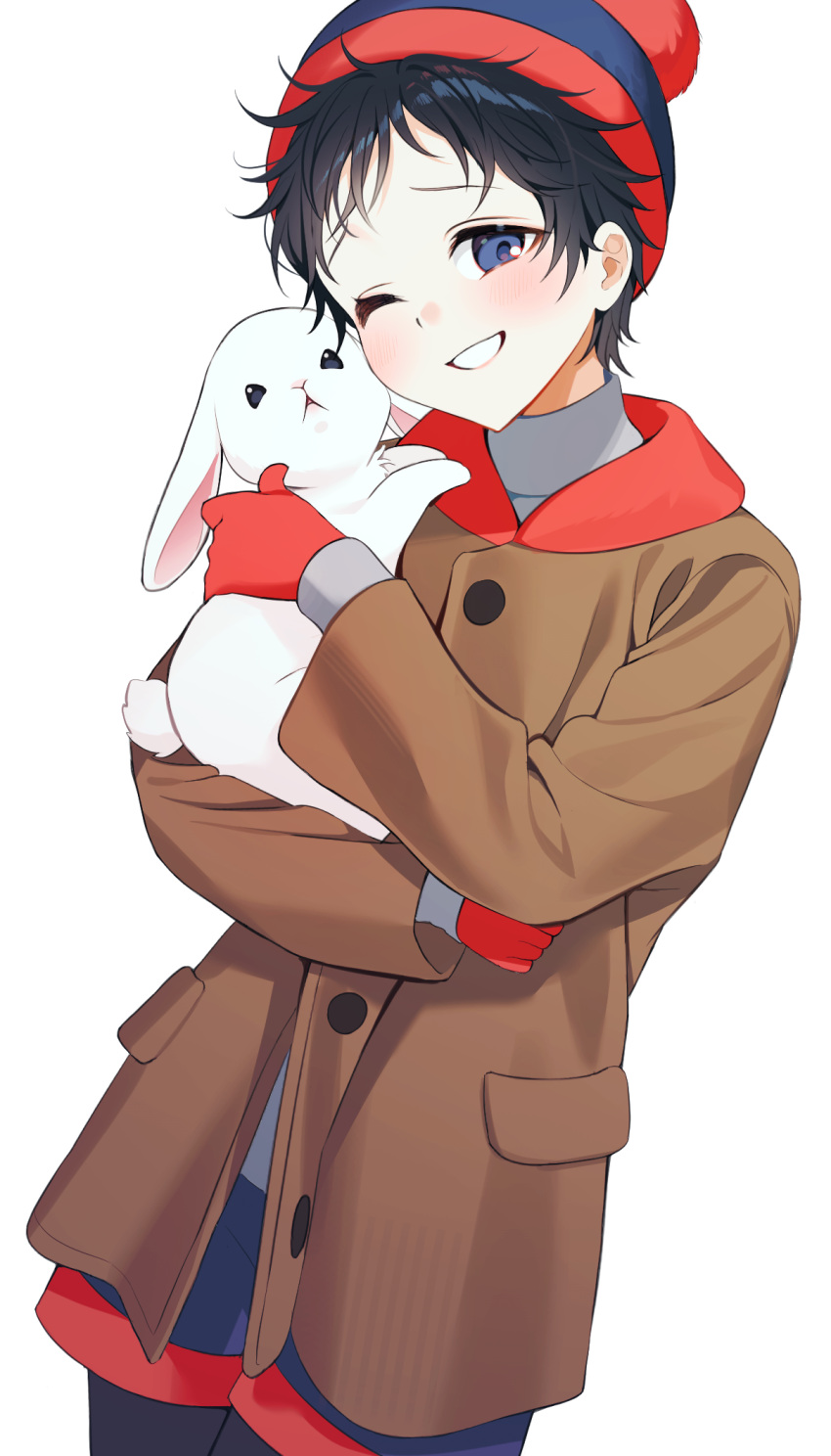 Safebooru - 1boy animal animification balcony beanie black leggings blue eyes blue shorts brown ...