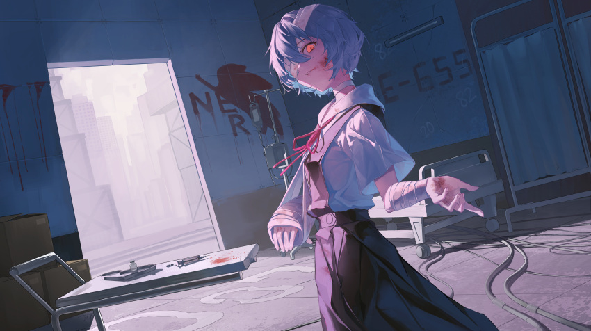 Safebooru - 1girl ayanami rei bandage on face bandage over one eye bandaged arm bandages black ...