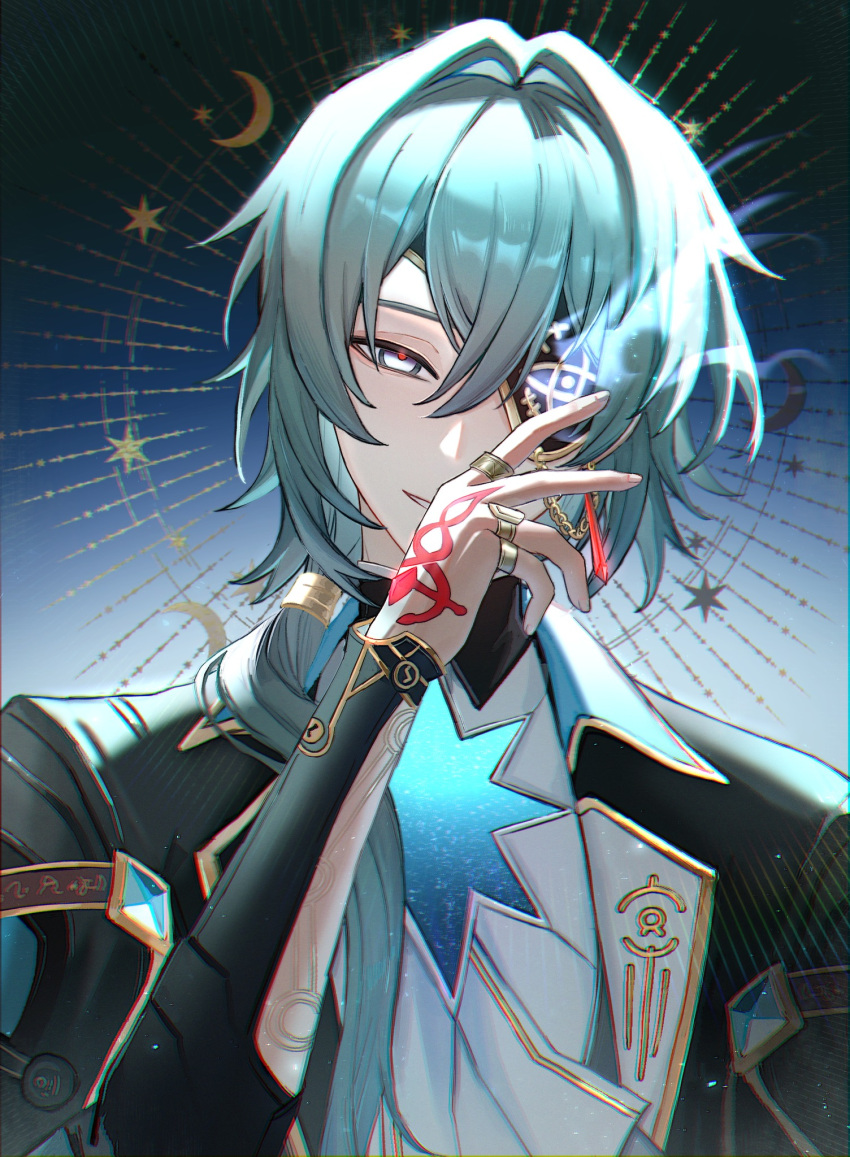 Safebooru - 1boy anaxa (honkai: star rail) black jacket blue eyes eyepatch grin highres honkai ...