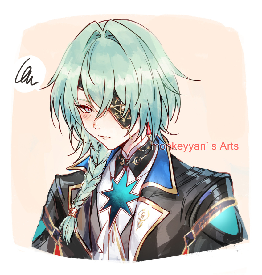 Safebooru - 1boy anaxa (honkai: star rail) annoyed aqua hair artist name black jacket blue eyes ...