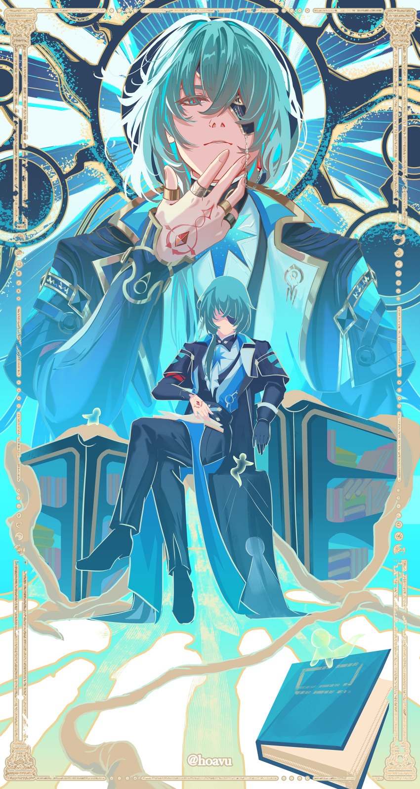 Safebooru - 1boy absurdres anaxa (honkai: star rail) aqua hair black jacket black pants blue ...