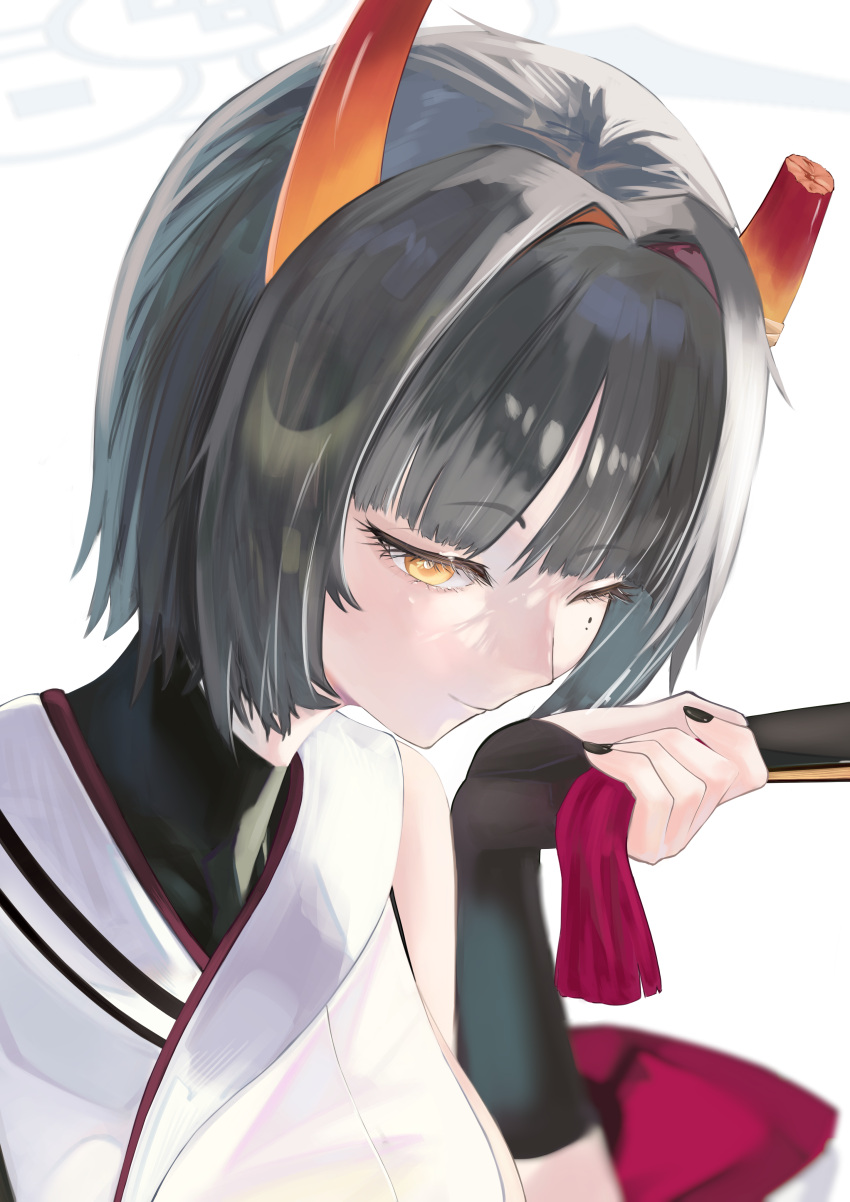 Safebooru - 1girl absurdres bare shoulders black nails blue archive blunt bangs broken horn ...