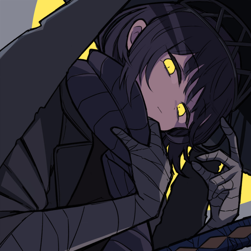 Safebooru - 1girl an apple akaao bandaged arm bandages black hair black shirt bob cut conical ...