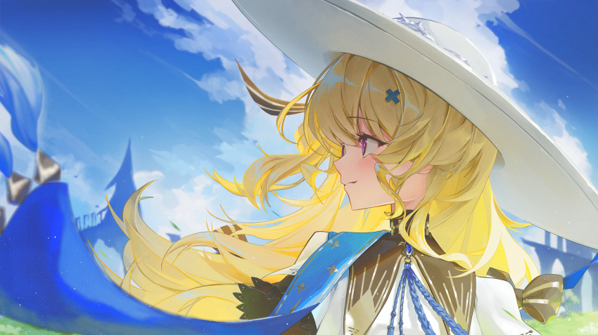 Safebooru - 1girl absurdres aquagirl black collar blonde hair blue sash blue sky closed mouth ...