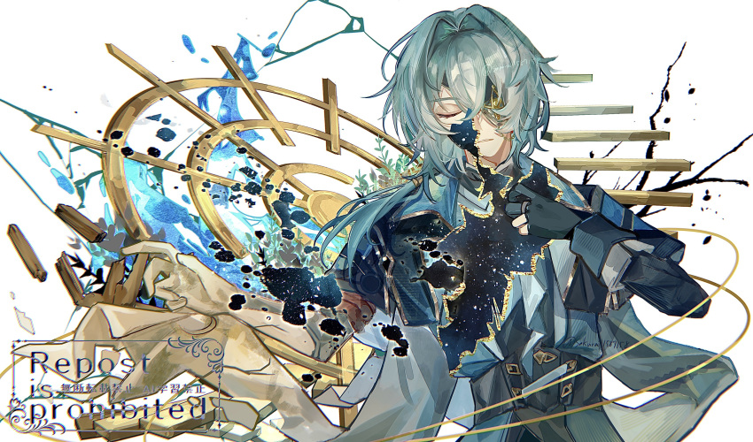 Safebooru - 1boy absurdres anaxa (honkai: star rail) aqua hair black jacket closed eyes cracked ...