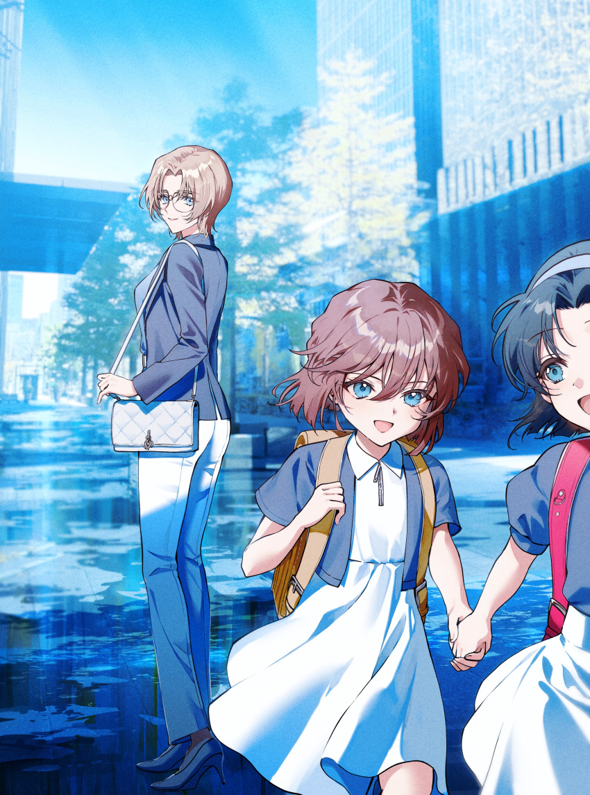 Safebooru - 3girls absurdres backpack bag black hair blue background blue eyes blue jacket brown ...