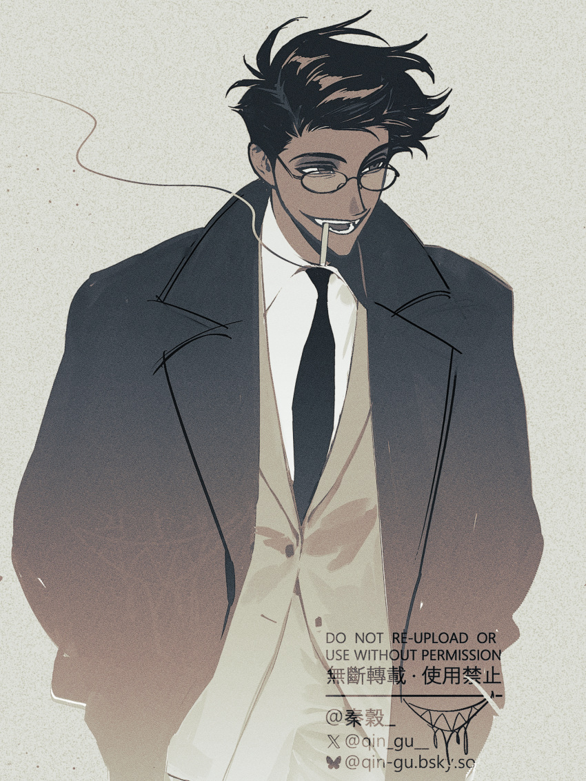 Safebooru - 1boy absurdres alastor (hazbin hotel) black coat brown hair coat collared shirt dark ...