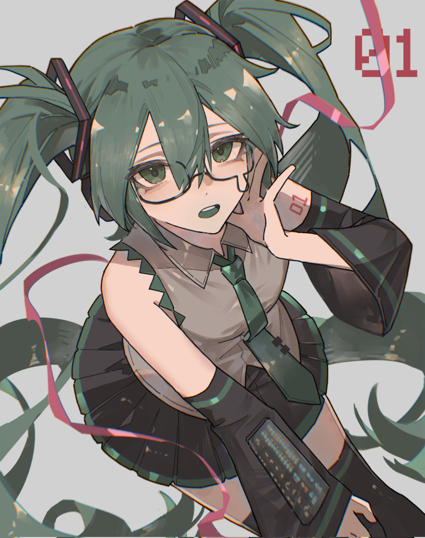 Safebooru - 1girl aqua eyes aqua hair aqua necktie black skirt black sleeves black thighhighs ...