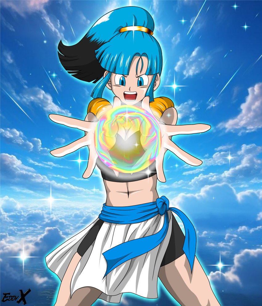 Safebooru - 1girl abs absurdres bike shorts black hair blue eyes blue sky bulma chi-chi (dragon ...