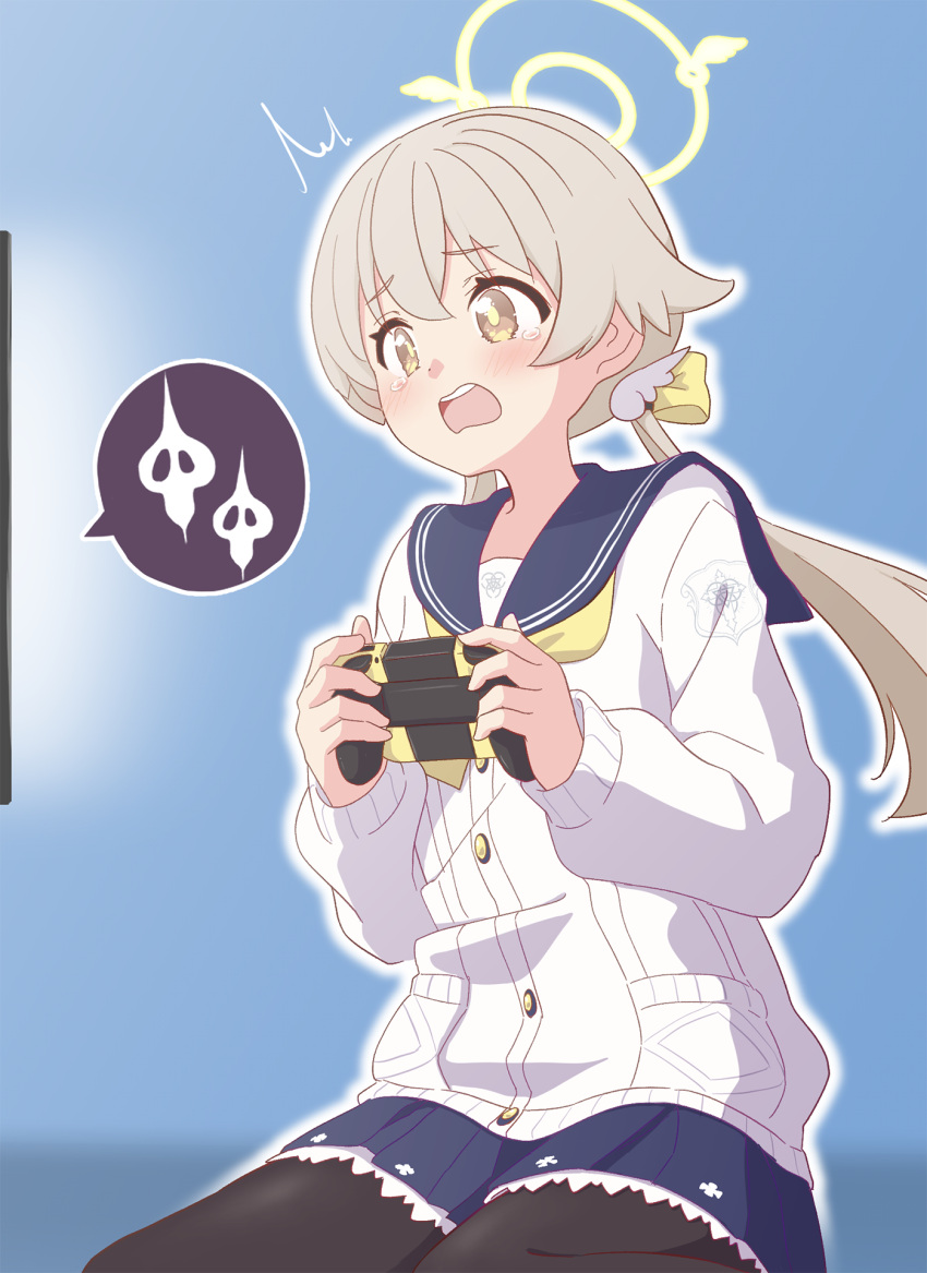 Safebooru - 1girl ^^^ black pantyhose blonde hair blue archive blue background blue sailor ...