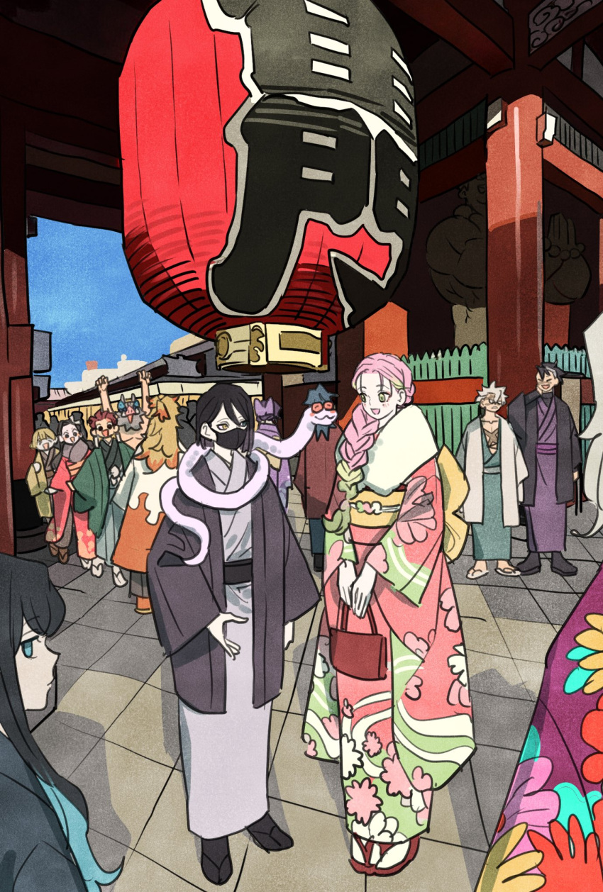 Safebooru - 3girls 6+boys agatsuma zenitsu arms up bag black hair blue ...