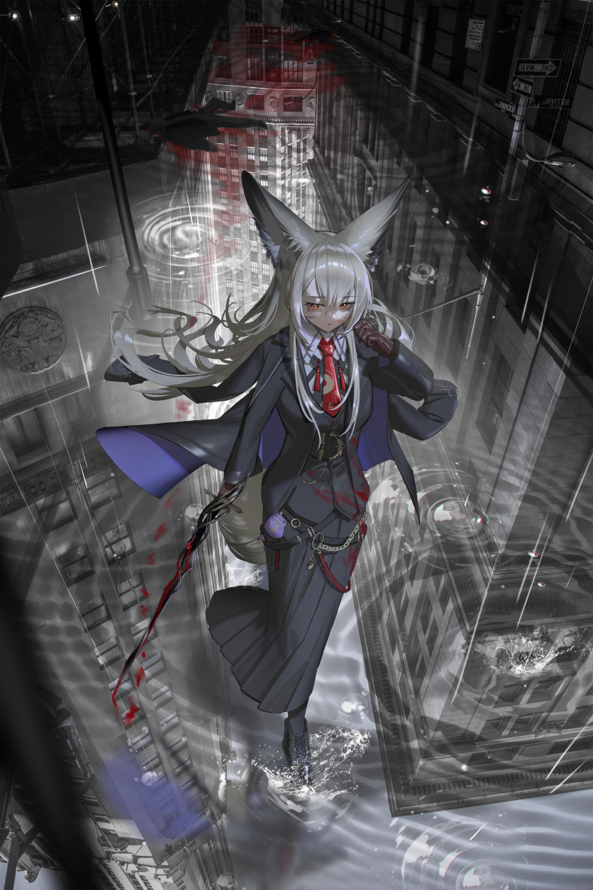 Safebooru - 1girl absurdres animal ears arknights black jacket black skirt blood brown gloves ...