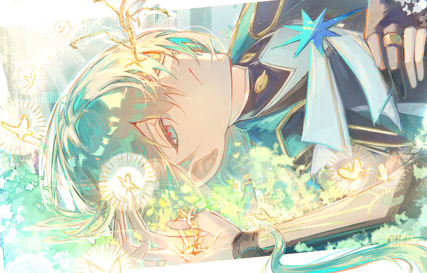 Safebooru - 1boy anaxa (honkai: star rail) aqua hair black jacket blue eyes bug butterfly closed ...