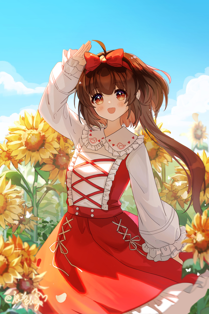 Safebooru - 1girl :d absurdres ahoge arm at side arm up blue sky blurry blurry background bow ...