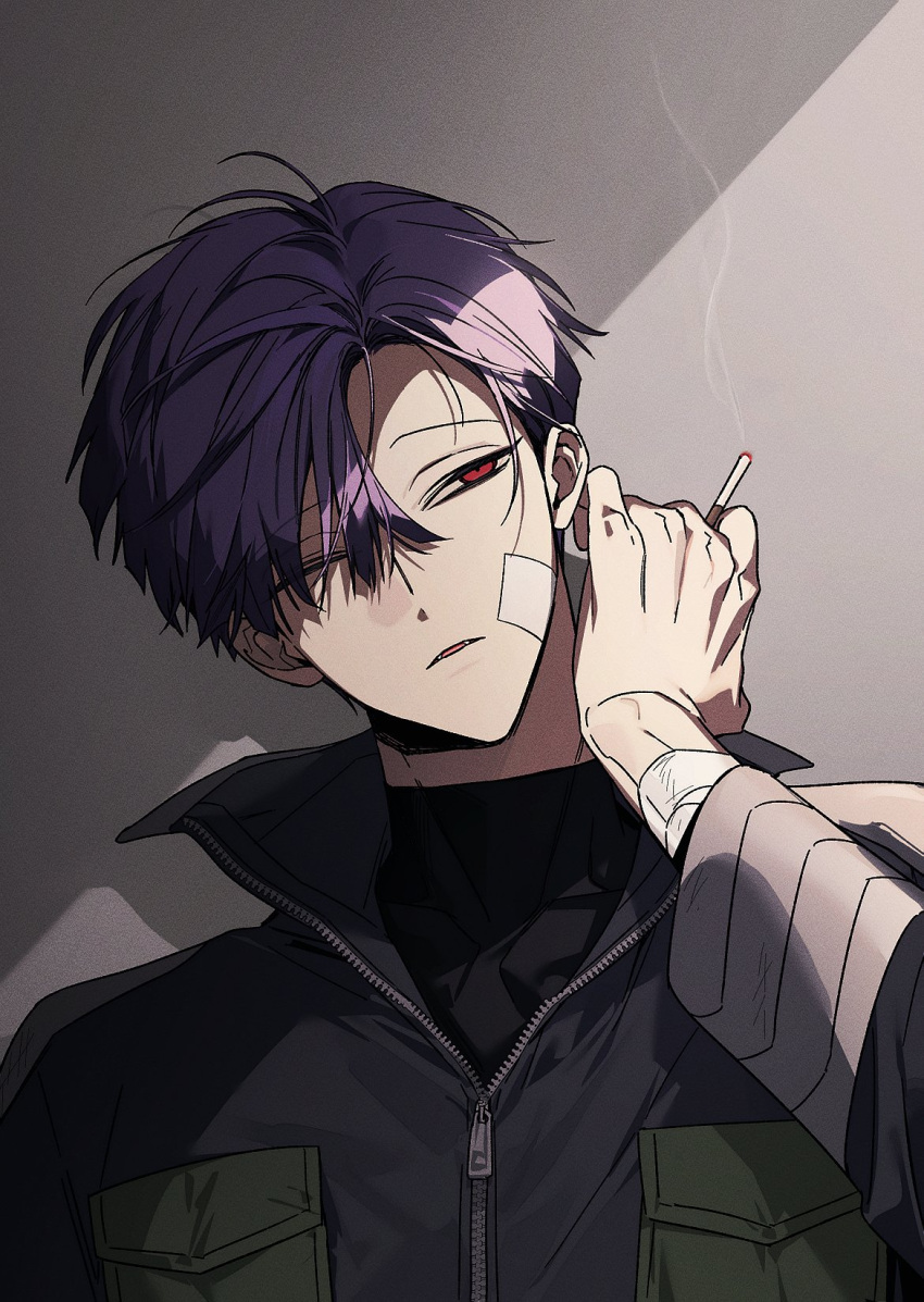 Safebooru - 1boy bandage on face bandaged arm bandages black jacket cigarette facing viewer hair ...