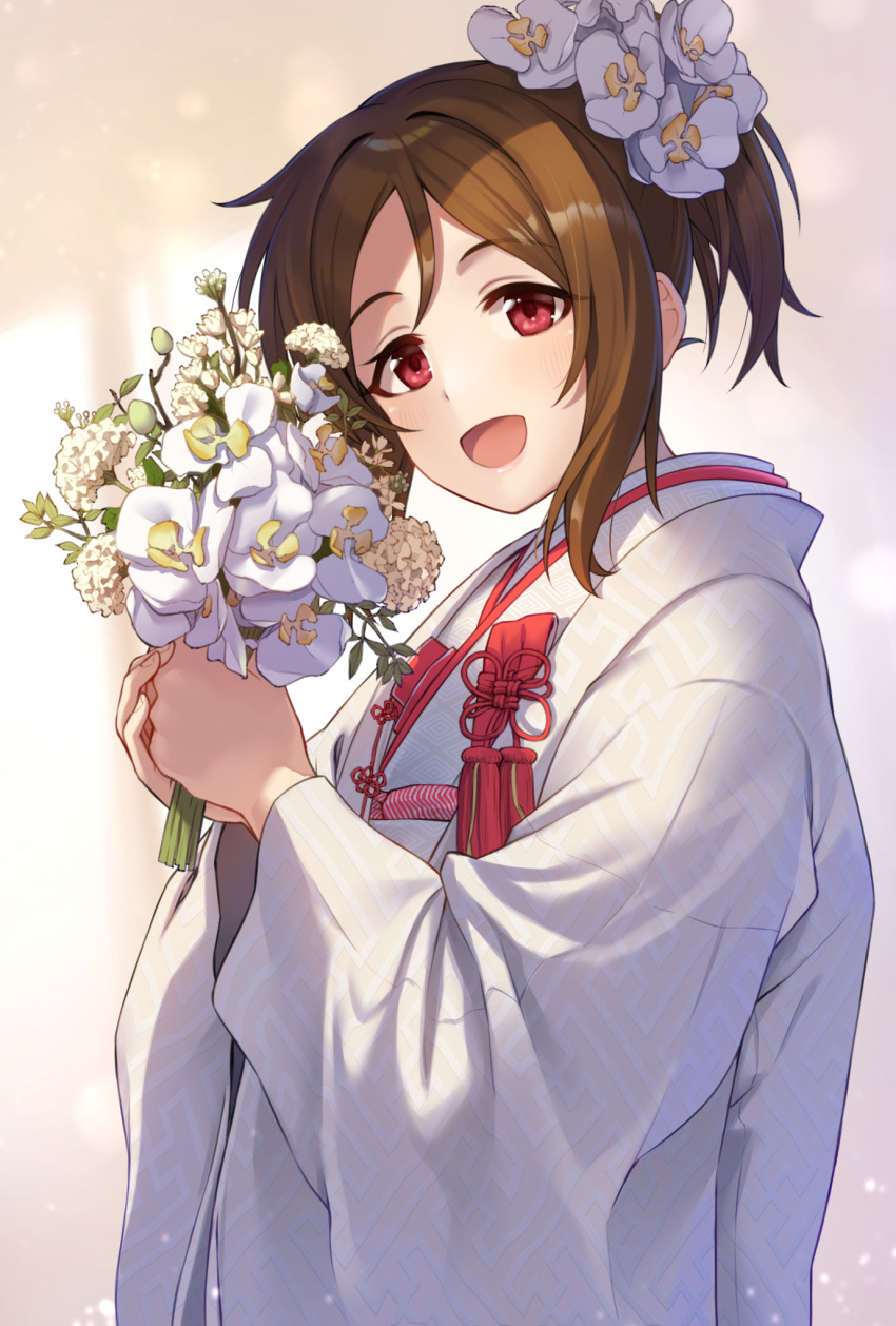 Safebooru - 1girl blush bouquet brown hair commentary request domyoji ...