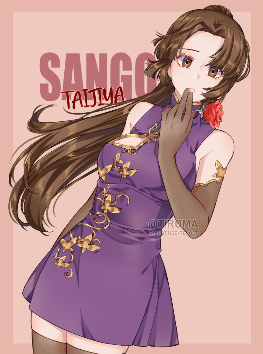 Safebooru - 1girl bare shoulders black gloves black thighhighs blunt bangs breasts brown ...