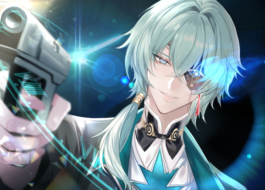 Safebooru - 1boy absurdres aiming anaxa (honkai: star rail) animo sss aqua hair black jacket ...