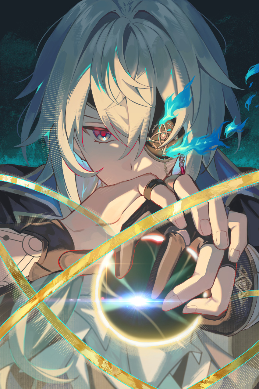 Safebooru - 1boy absurdres anaxa (honkai: star rail) aqua hair black jacket blue eyes covered ...