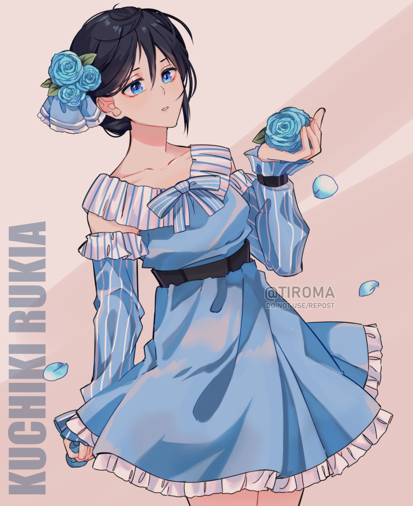 Safebooru - 1girl absurdres alternate costume aqua flower aqua rose black hair bleach blue dress ...