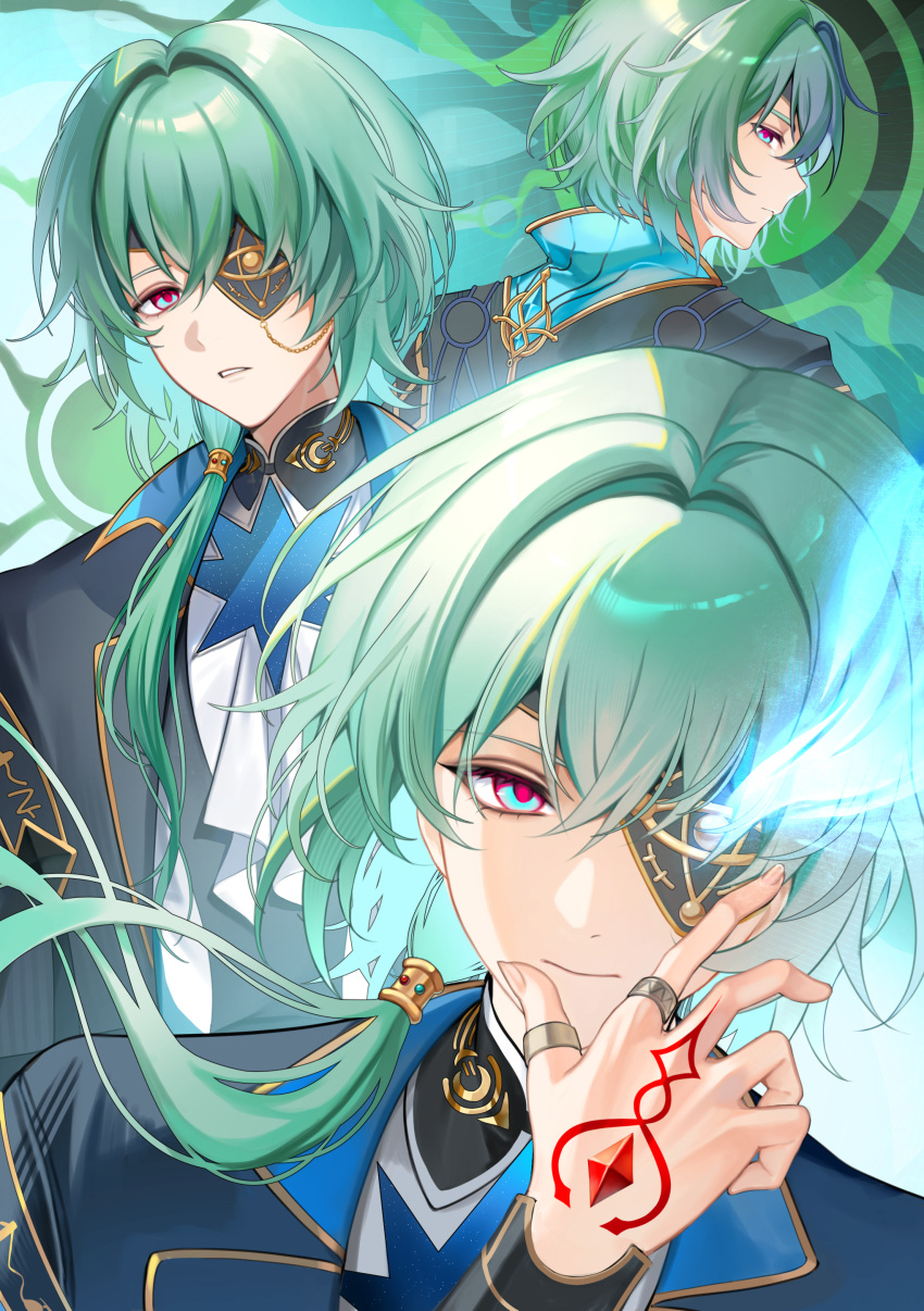 Safebooru - 1boy absurdres anaxa (honkai: star rail) aqua eyes aqua hair ascot black jacket ...