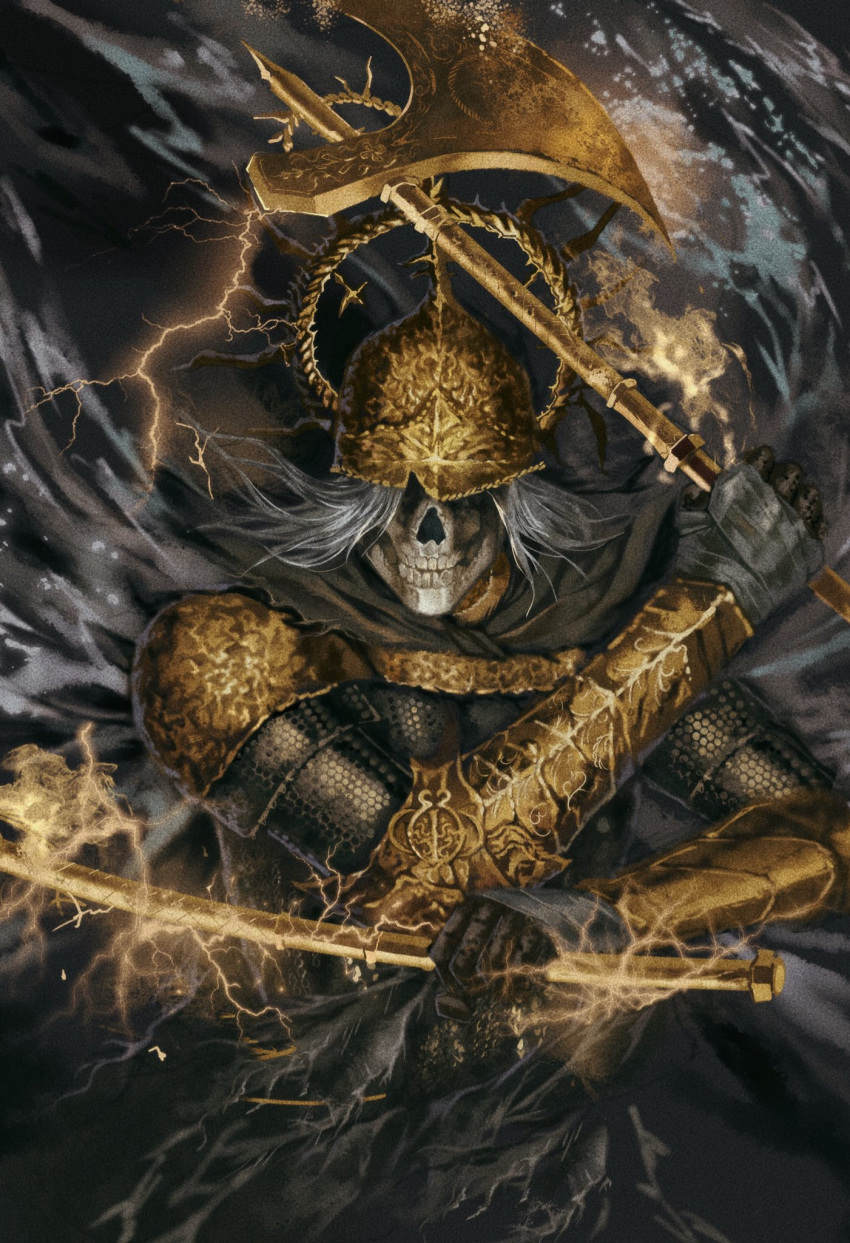 Safebooru - 1other armor axe black gloves cape chainmail clenched teeth ...