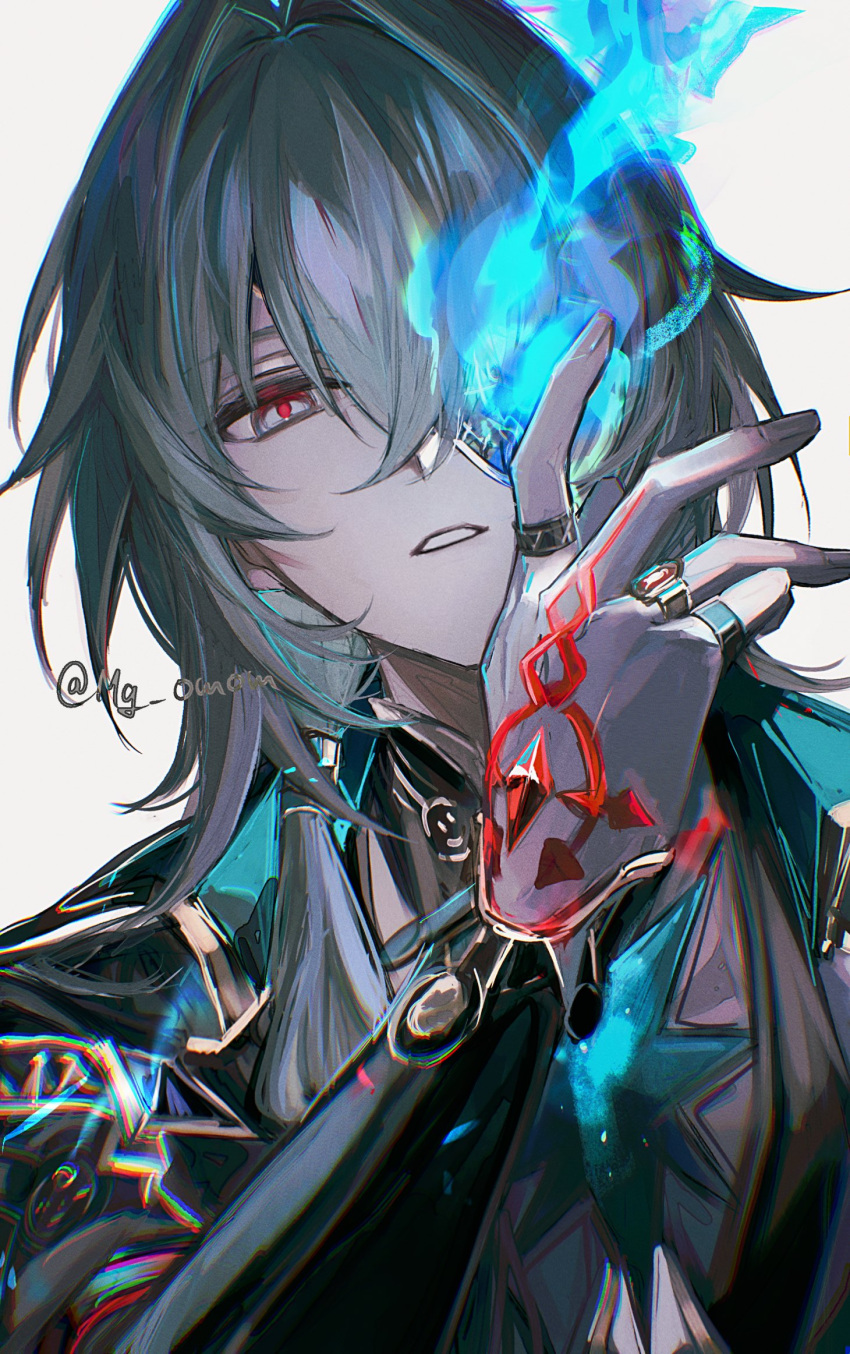 Safebooru - 1boy anaxa (honkai: star rail) aqua hair black jacket blue eyes blue fire eyepatch ...