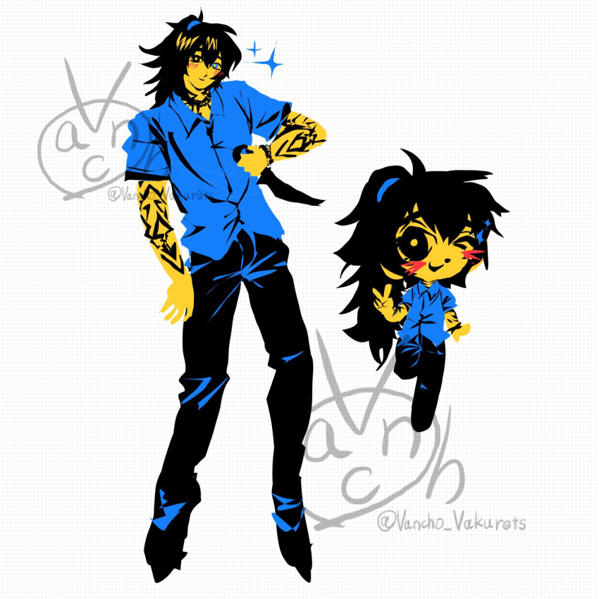 Safebooru - 1boy arm tattoo black eyes black hair black pants black shoes blue eyes blue shirt ...