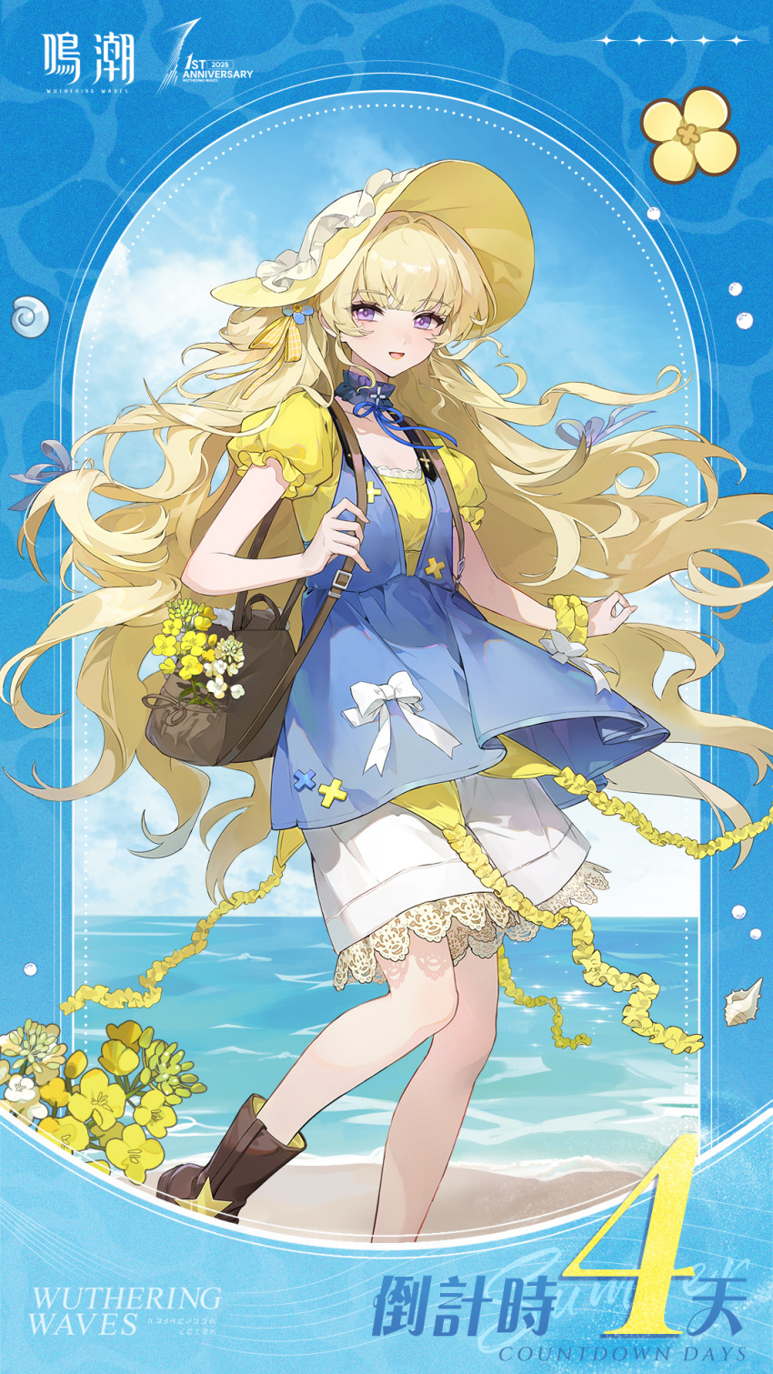 Safebooru - 1girl bag blonde hair blue dress blue sky boots breasts brown bag brown boots ...
