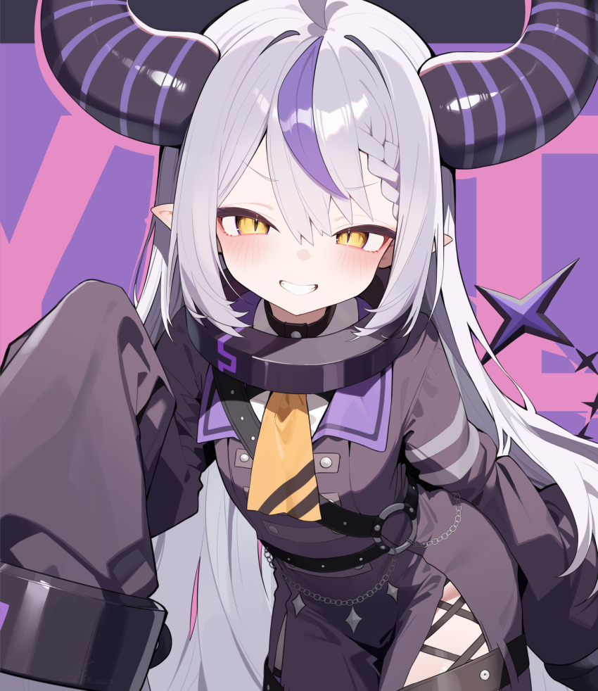 Safebooru - 1girl black horns black jacket blush braid grey hair highres hololive horns jacket ...