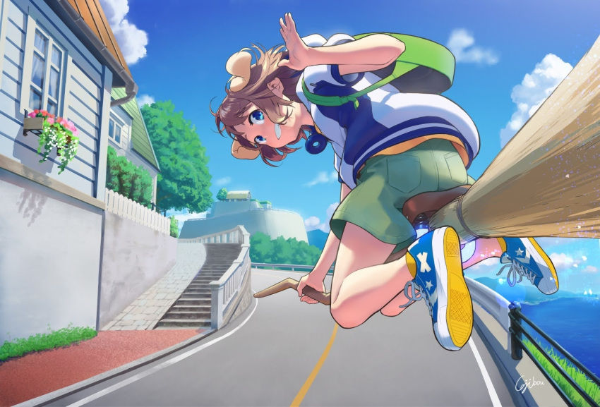 Safebooru - 1girl animal ears backpack bag blue eyes blue jacket blue shoes broom broom riding ...