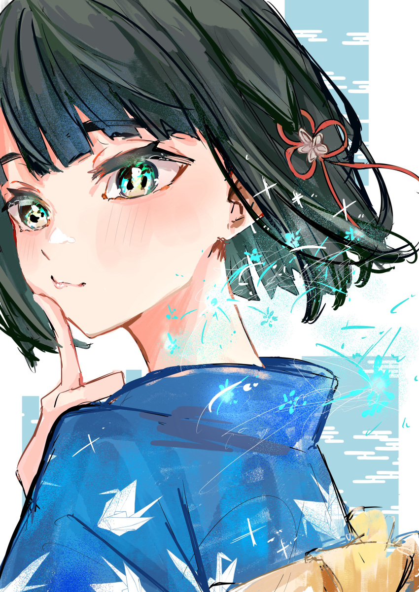 Safebooru - 1girl absurdres black hair blue background blue kimono blunt bangs blunt ends blush ...