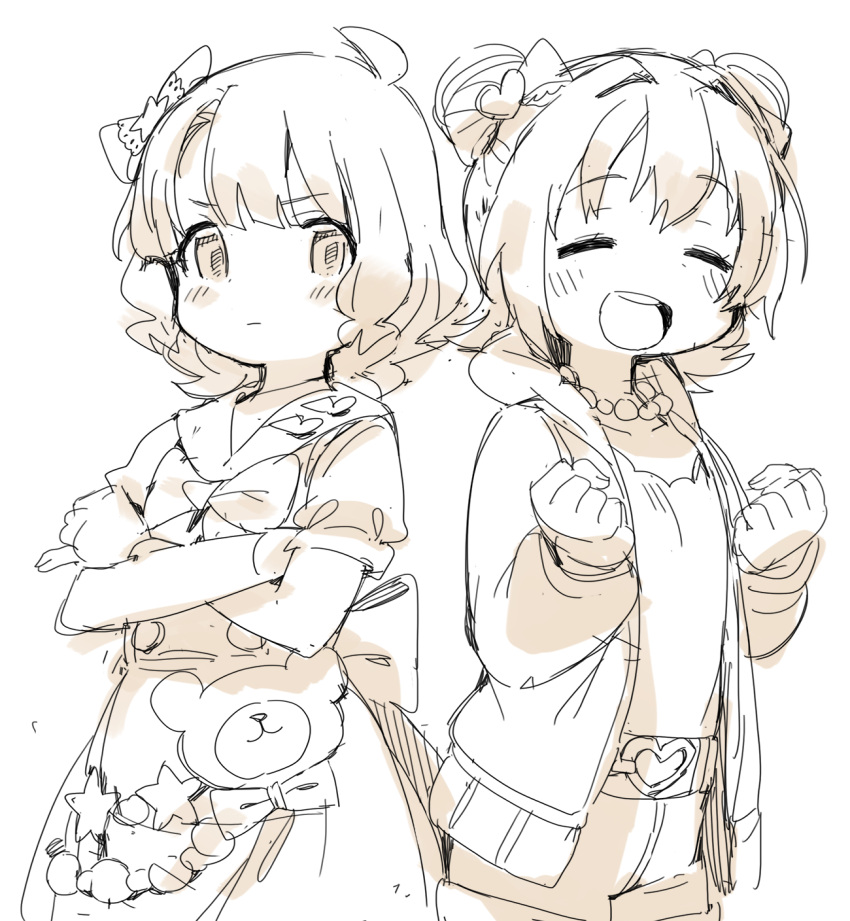 Safebooru - 2girls :d akagi miria bangs belt blush bow closed eyes crossed arms double bun ...