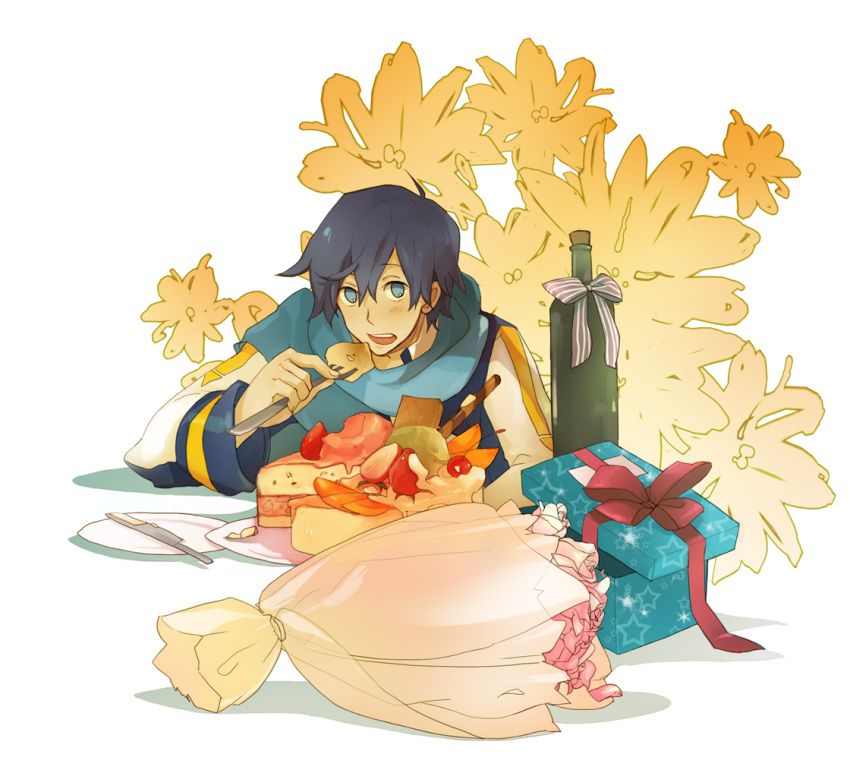 Safebooru - blue hair bottle cake eating flower food gift kaito male ...